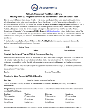 Fillable Online AZELLA Placement Test Referral Form - Moving from EL ...