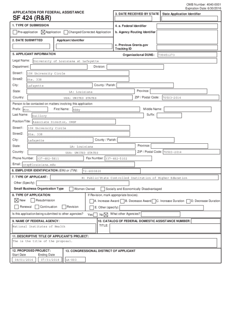 Fillable Online SF 424 (R&R) - University Research Fax Email Print ...