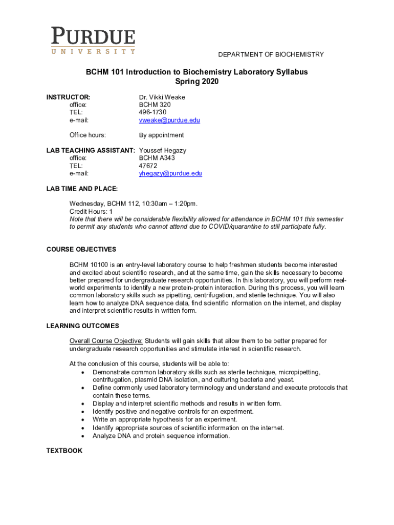 Fillable Online ag purdue ag.purdue.edudepartmentbiochemBCHM 101 Introduction to Biochemistry ...