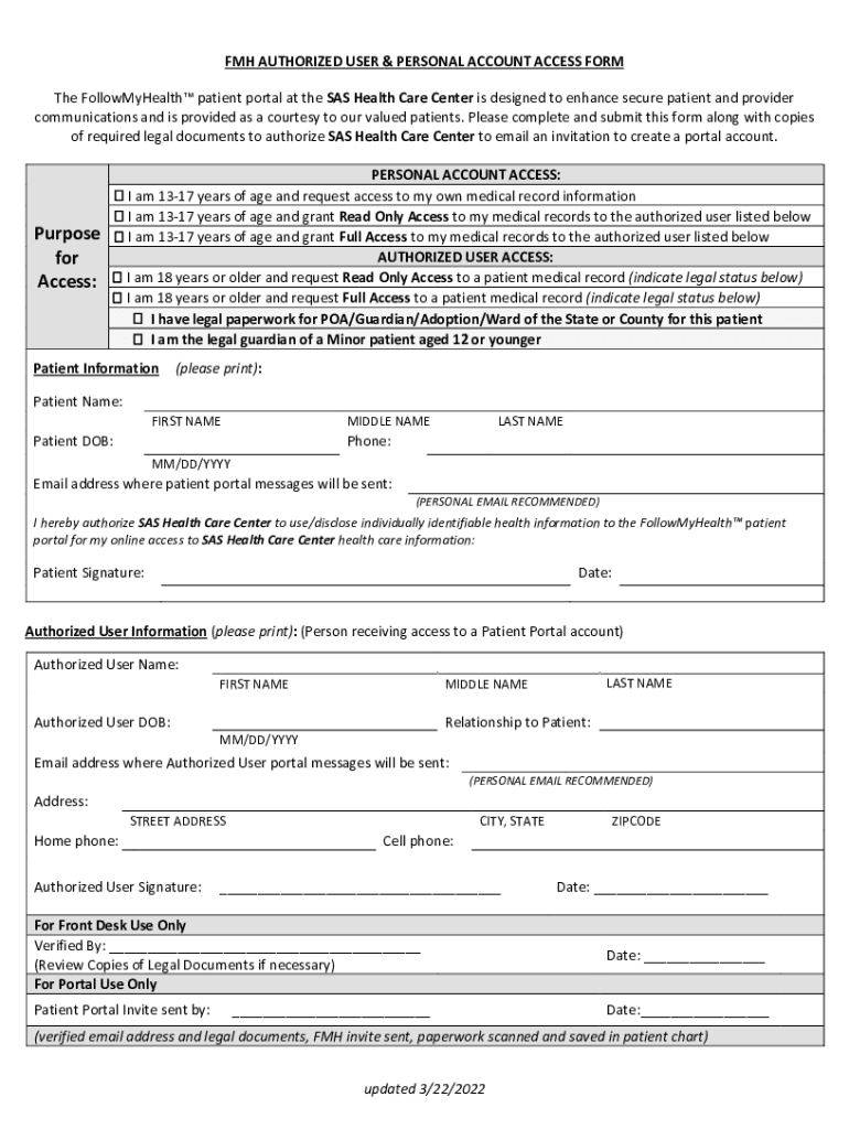 Fillable Online FollowMyHealth Patien Portal Access form. FMH ...
