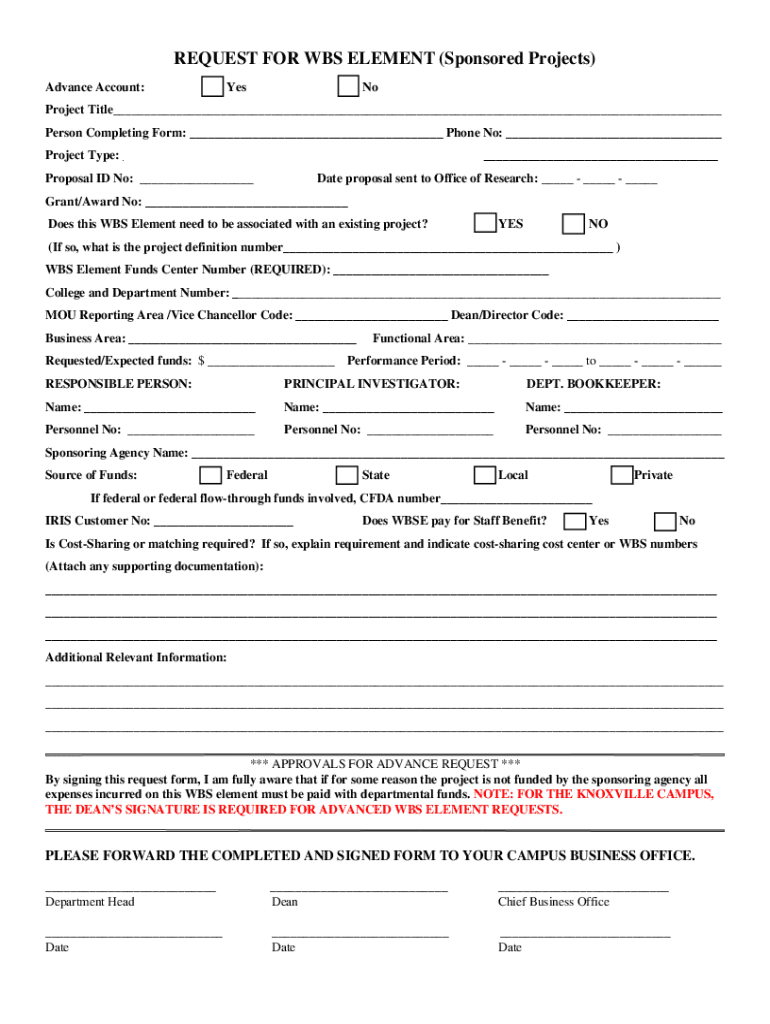 Fillable Online Fillable Online REQUEST FOR WBS ELEMENT (Sponsored Projects) Fax Email ... Fax ...