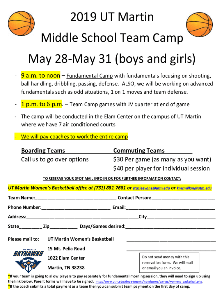 Fillable Online 2019 UT Martin Middle School Team Camp May 28-May 31 ... Fax Email Print - pdfFiller