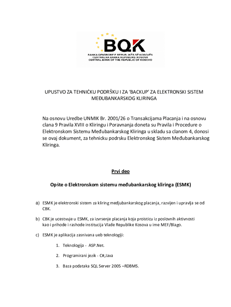 Fillable Online upustvo za tehniku podrku i za 'backup' za elektronski ...