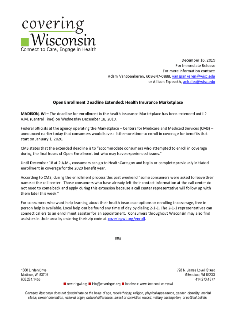 Fillable Online Open Enrollment Deadline Extended: Health Insurance ...