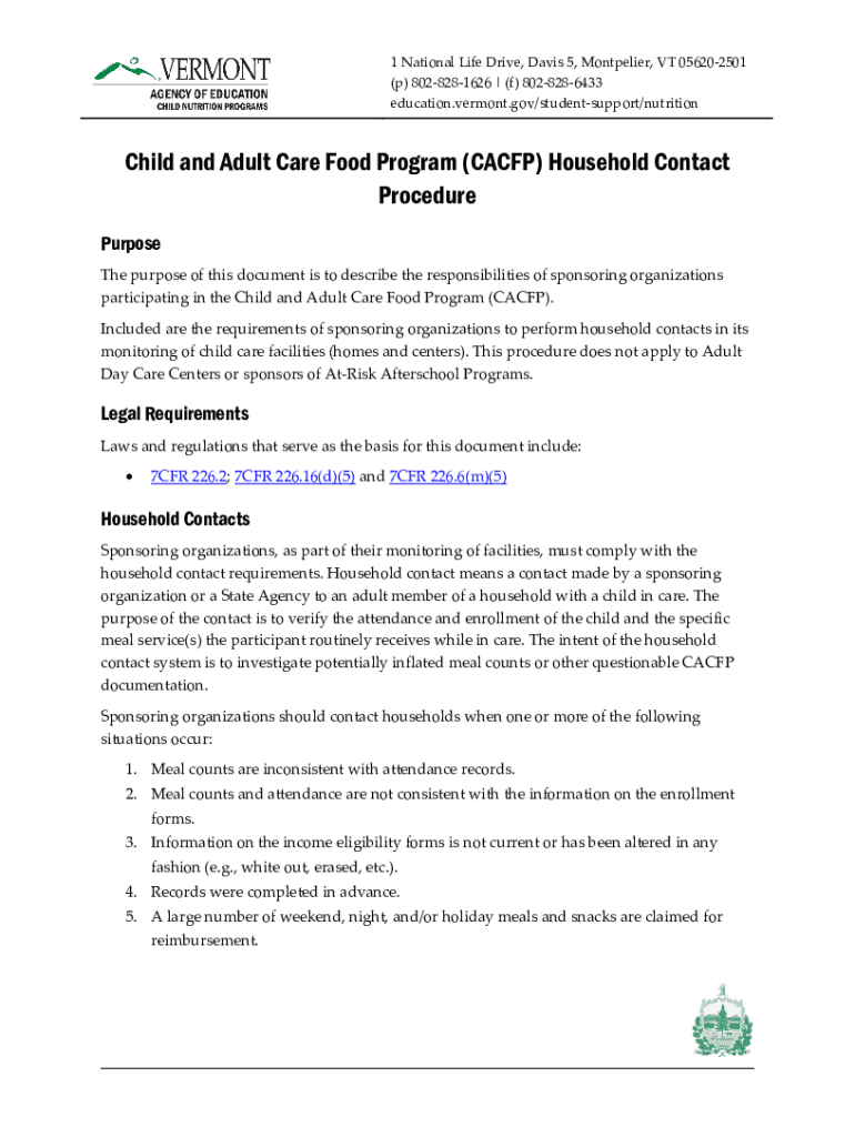 Fillable Online education vermont CACFP Household Contact Procedure Fax ...