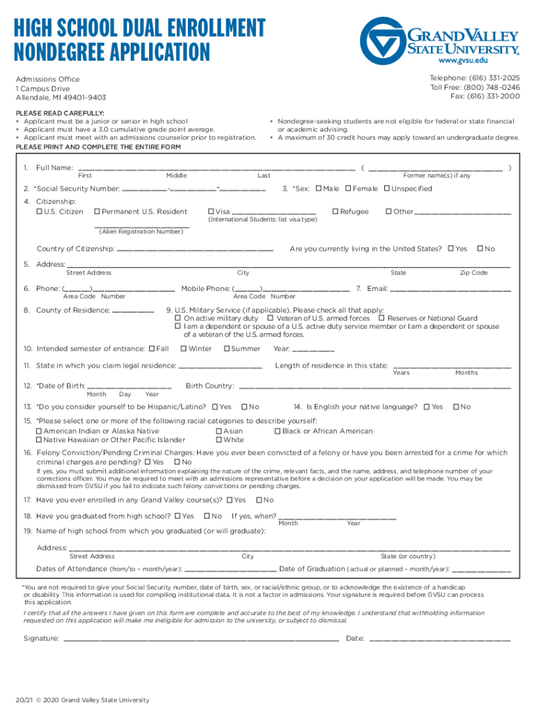 Fillable Online high school dual enrollment nondegree application Fax ...