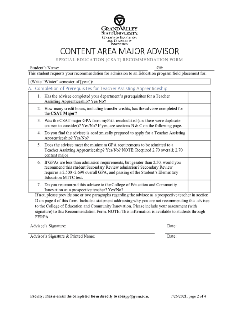 Fillable Online CSAT Advisor Recommendation Form Fax Email Print - pdfFiller