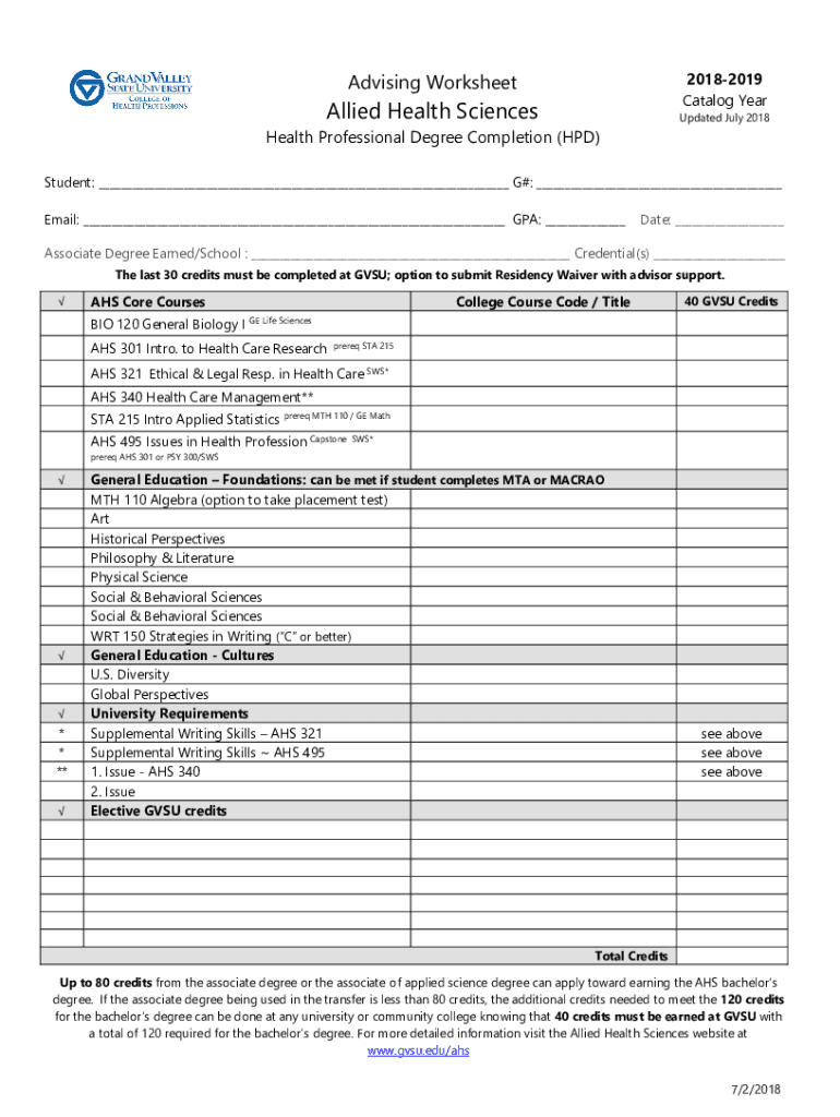 Fillable Online Advising Worksheet Allied Health Sciences Catalog Year Health ... Fax Email ...