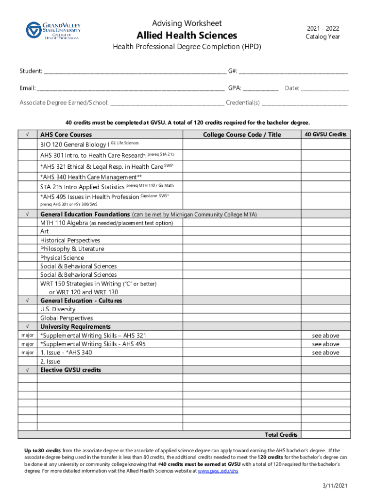 Fillable Online Advising worksheets // School of Health Professions Fax Email Print - pdfFiller
