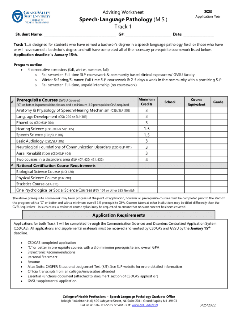Fillable Online Advising Worksheet 202 Speech-Language Pathology (M.S ...