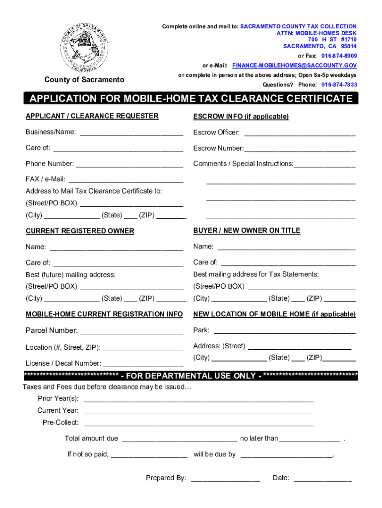 Fillable Online APPLICATION FOR MOBILE-HOME TAX CLEARANCE ... Fax Email ...