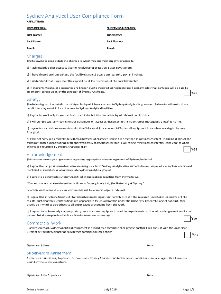 Fillable Online Sydney Analytical User Compliance Form - University of ...