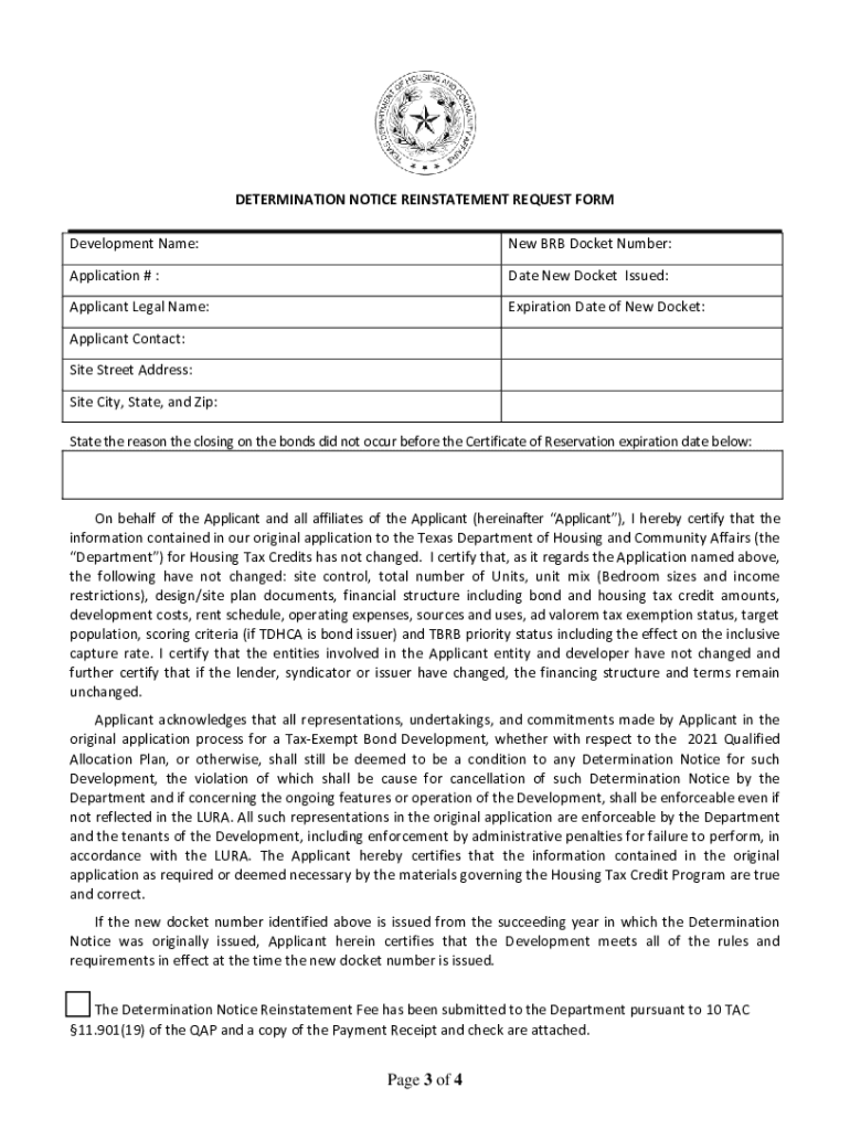 Fillable Online request for determination notice reinstatement - TDHCA ...