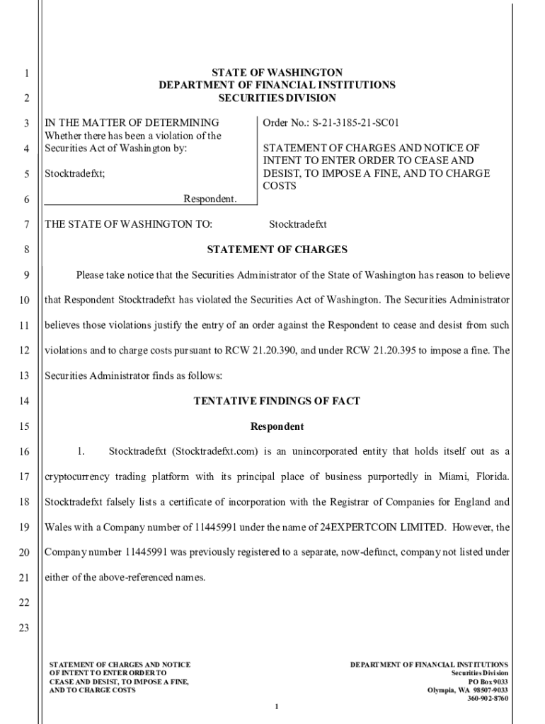 Fillable Online dfi wa Stocktradefxt - Statement of Charges - S-21-3185 ...