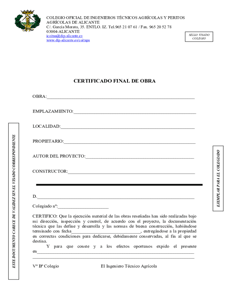 Fillable Online CERTIFICADO FINAL OBRA.doc Fax Email Print - pdfFiller