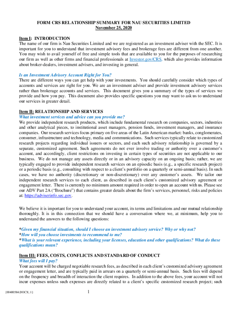 Fillable Online Relationship Summary (Form CRS) Item 1 Introduction ...