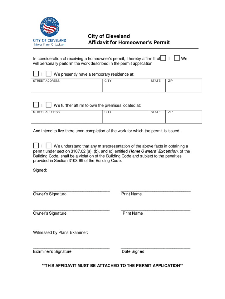 Affidavit for Home Owner's PermitCity of Cleveland: Fill out & sign ...