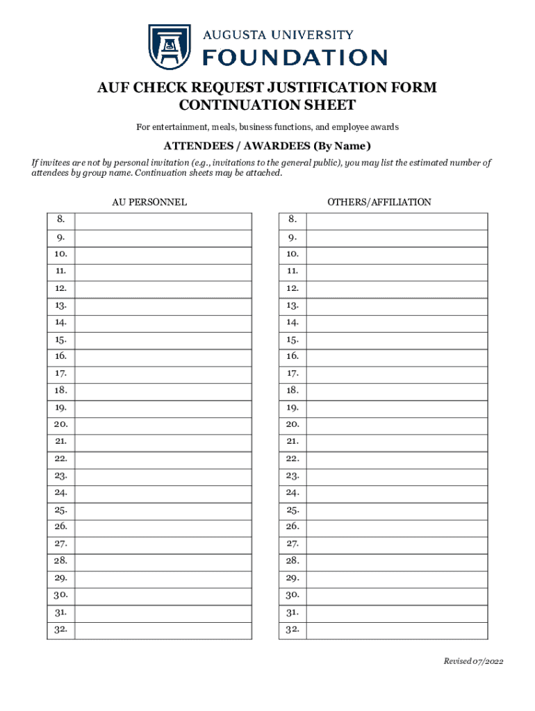 Fillable Online AUF CHECK REQUEST JUSTIFICATION FORM CONTINUATION SHEET ...