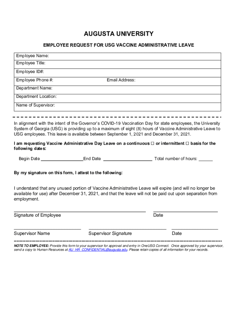 Fillable Online Employee Request for USG Vaccine Administrative Leave Fax Email Print - pdfFiller