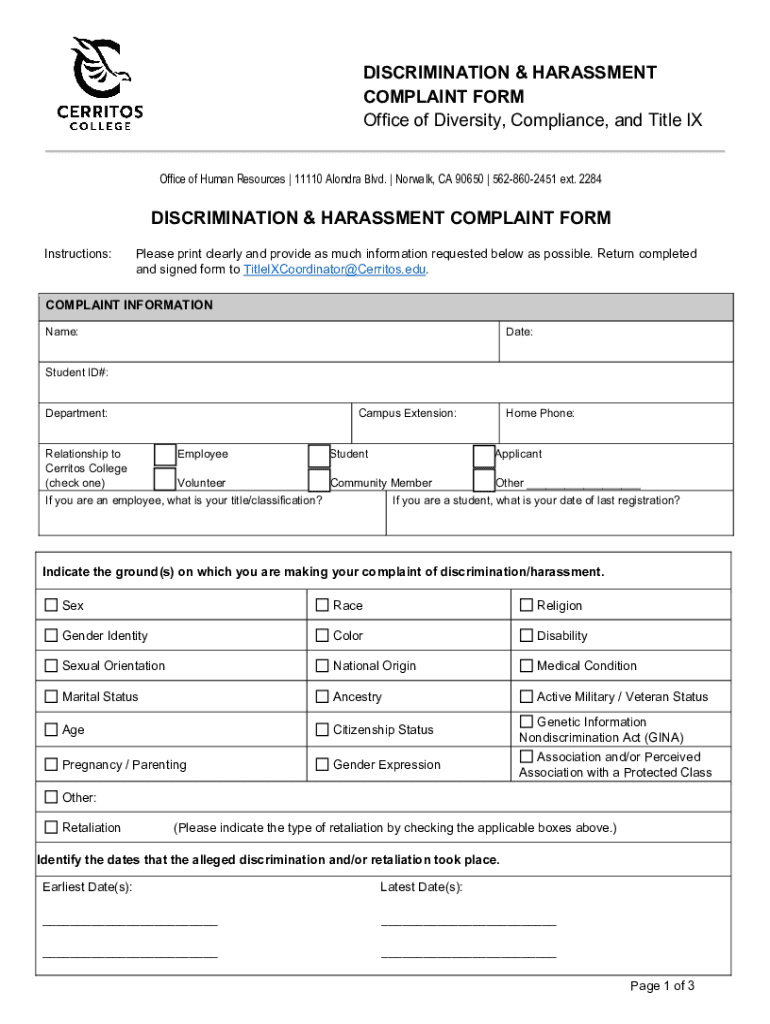 Fillable Online Cerritos College Discrimination & Harassment Complaint Form Fax Email Print ...