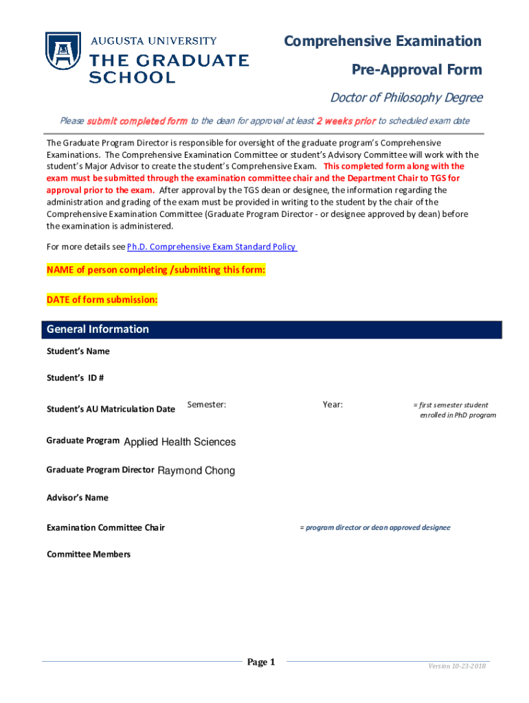 Fillable Online Comprehensive Examination Pre-Approval Form Fax Email ...