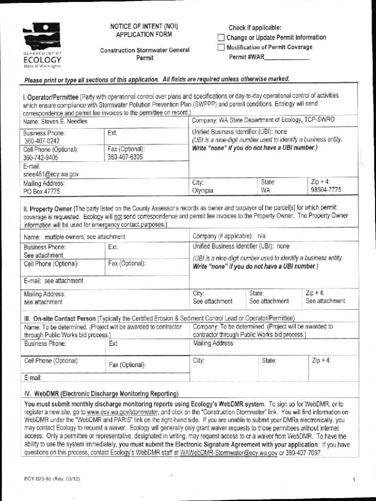 Fillable Online apps.ecology.wa.govparisDownloadDocumentNOTICE OF INTENT (N01) Check if ...