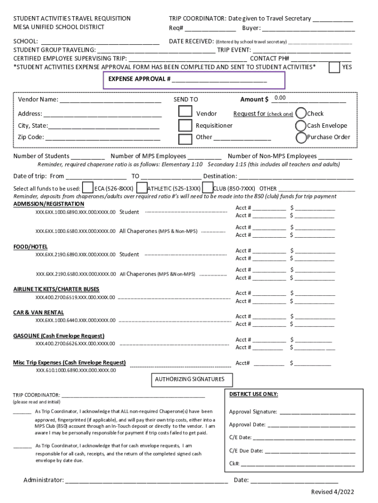 Fillable Online Student Activities Travel Requisition - Mesa Public Schools Fax Email Print ...