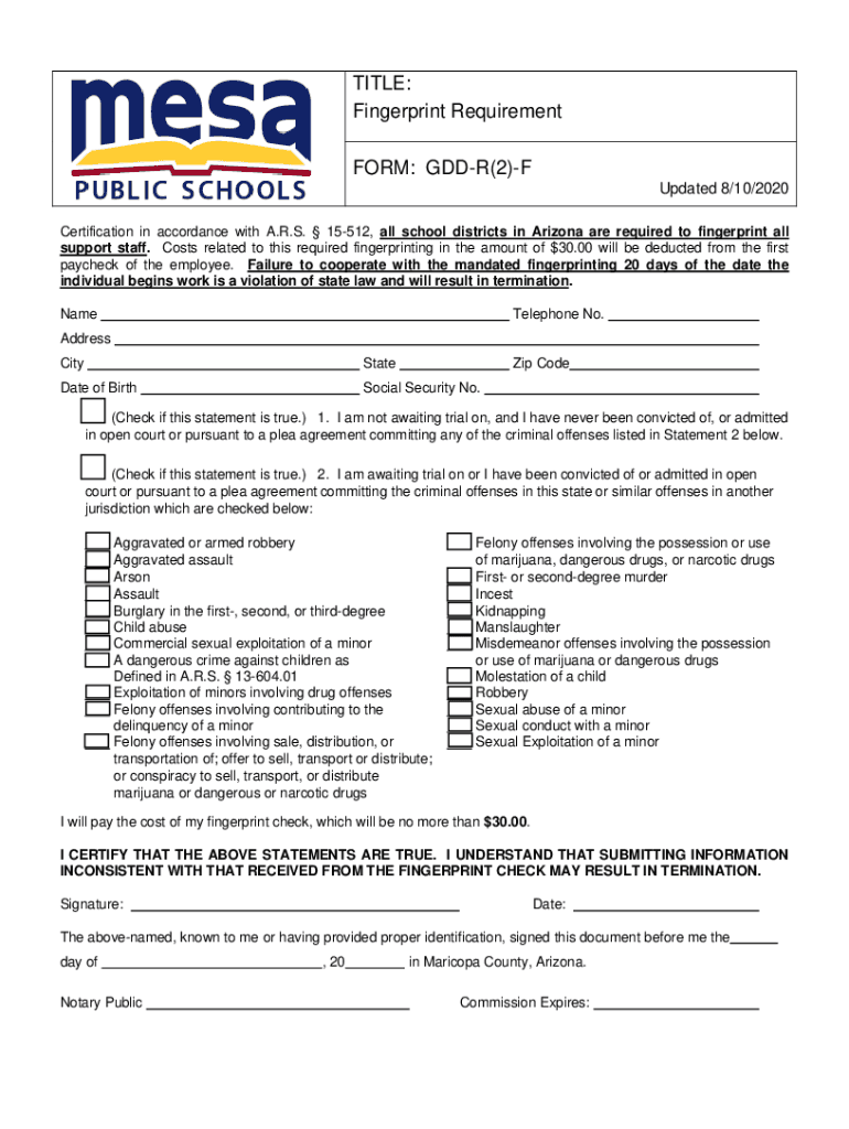 Fillable Online TITLE: Fingerprint Requirement FORM - Mesa Public Schools Fax Email Print ...