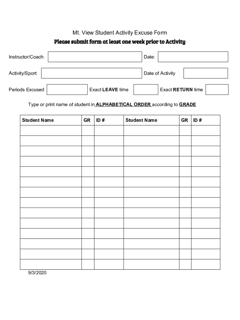 Fillable Online Mt. View Student Activity Excuse Form Please submit ...
