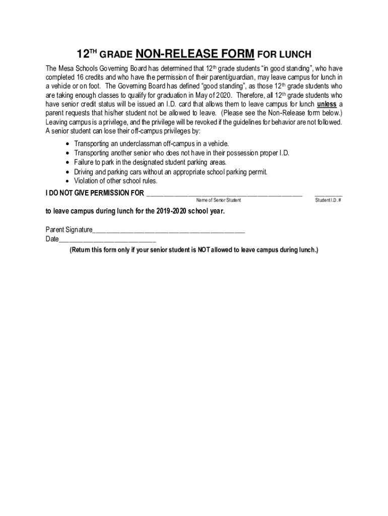 Fillable Online 12TH GRADE NON-RELEASE FORM FOR LUNCH - Mesa Public Schools Fax Email Print ...