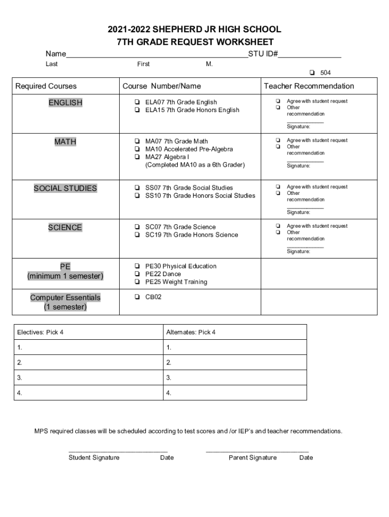 Fillable Online 2021-2022 SHEPHERD JR HIGH SCHOOL 7TH GRADE REQUEST ...