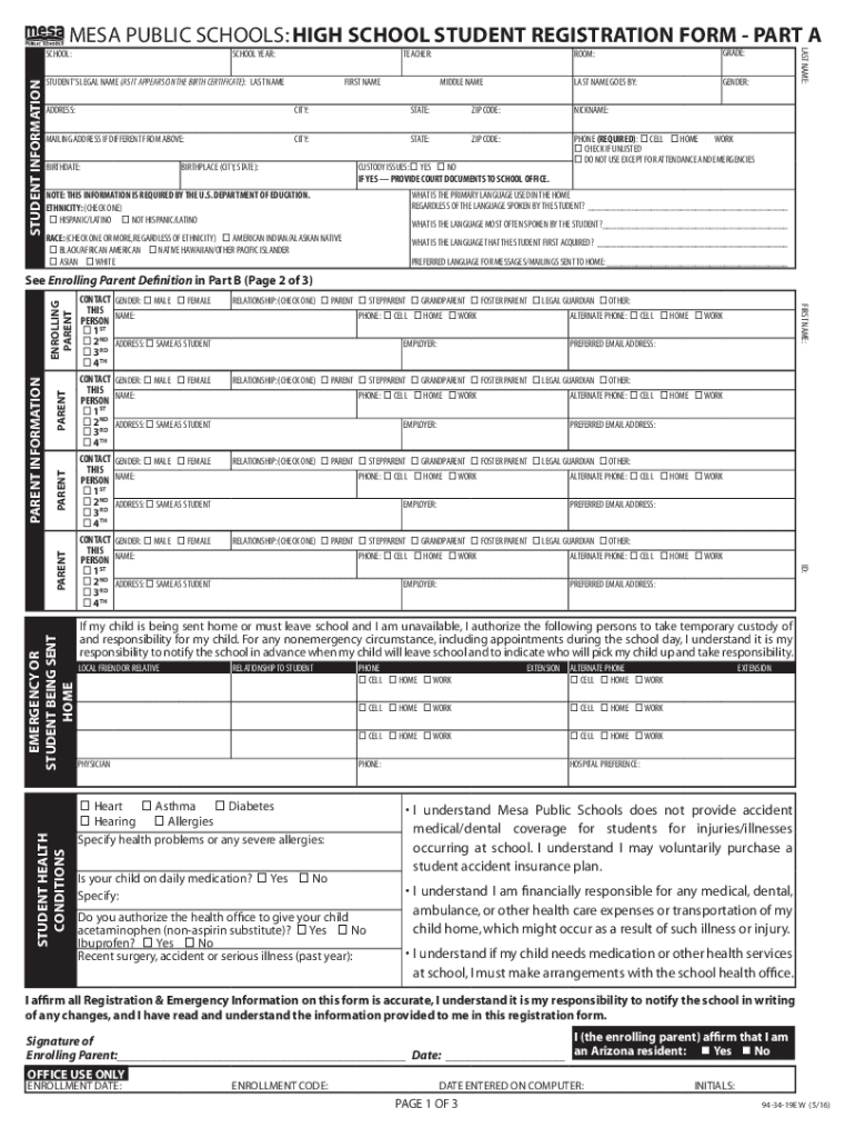 Fillable Online High School Student Registration Form - Part ALAST NAME ...