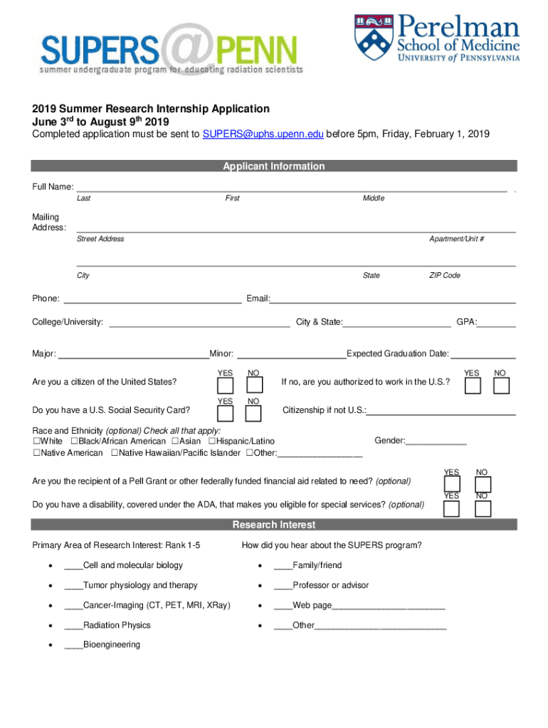 Fillable Online 2019 Summer Research Internship Application June 3rd to ... Fax Email Print ...