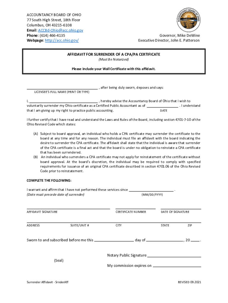 Fillable Online Surrender Affidavit - SrnderAff Fax Email Print - pdfFiller