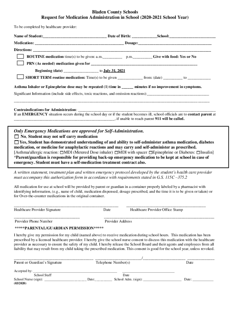 Fillable Online Request for Medication to Be Given During School Hours ...