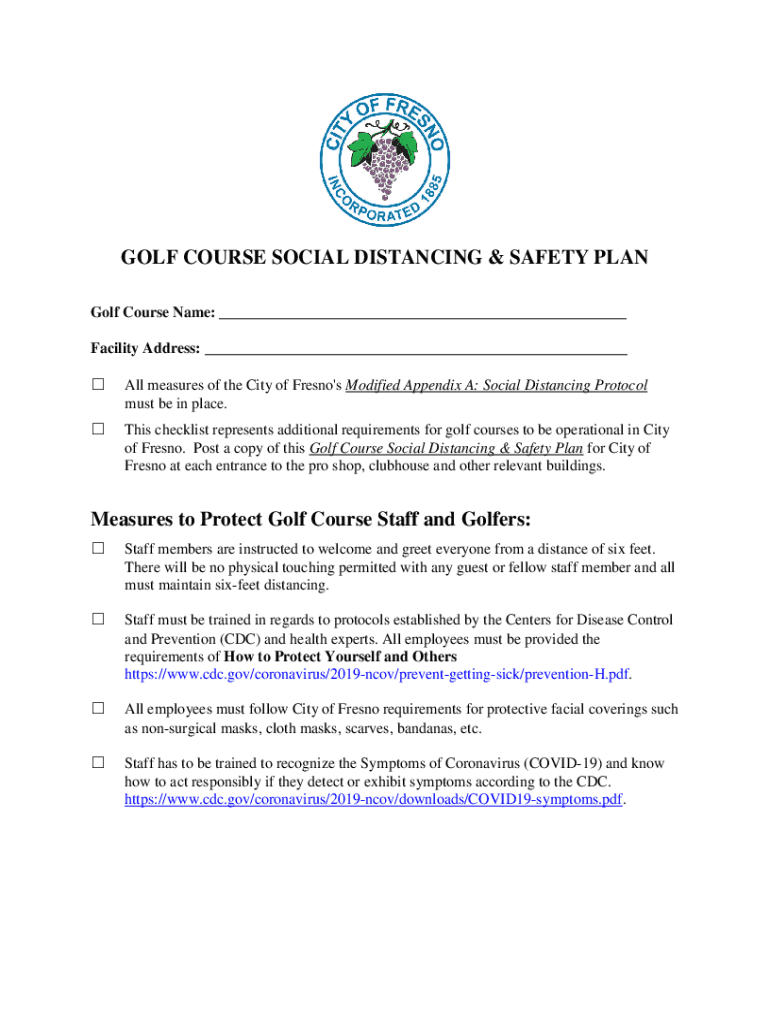 Fillable Online GOLF COURSE SOCIAL DISTANCING & SAFETY PLAN Measures ...