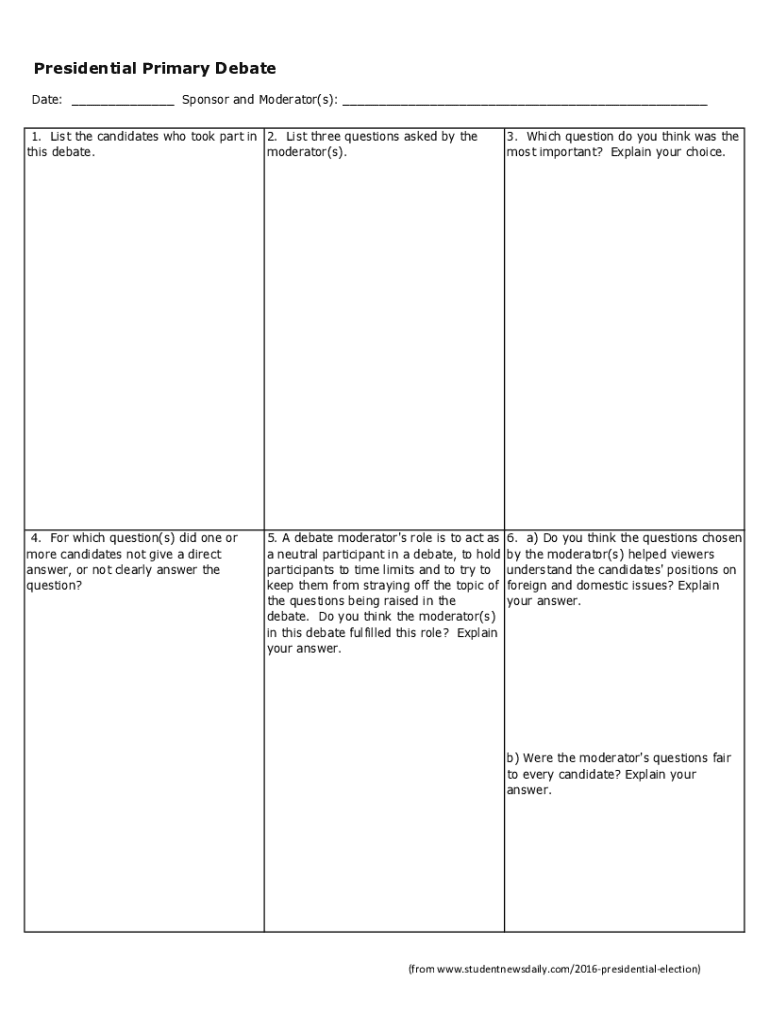 Fillable Online Presidential Primary Debate chart - Student News Daily ...