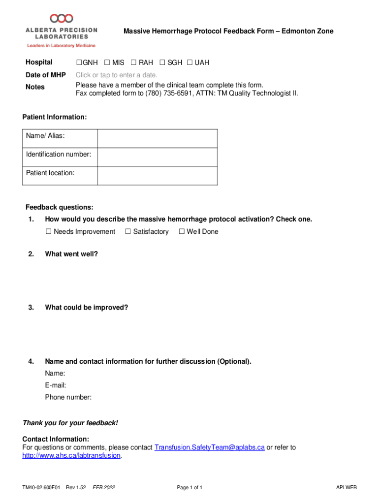 Fillable Online EZ MHP Feedback Form - Alberta Health Services Fax ...