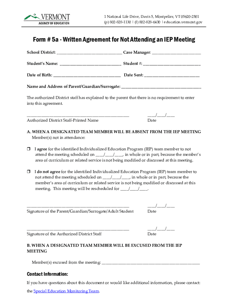 Fillable Online education vermont Form 5a - Written Agreement for Not ...
