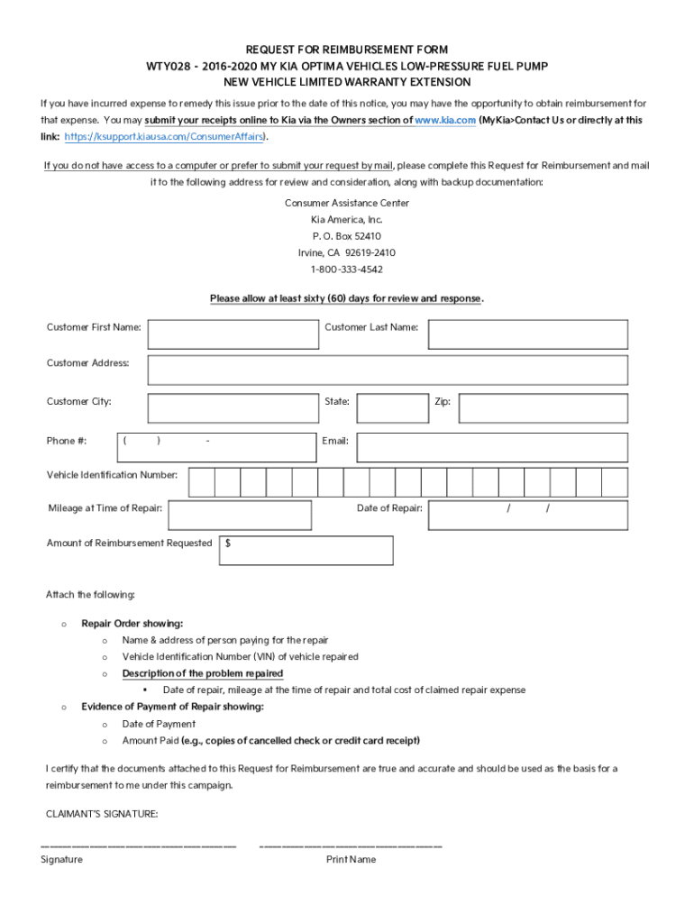 Fillable Online www.uslegalforms.comform-library513409-kiaKia Reimbursement Form - Fill and Sign ...