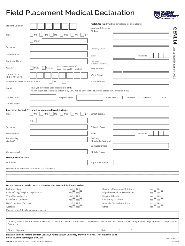 Fillable Online gen114-form.pdf - Field Placement Medical Declaration ...