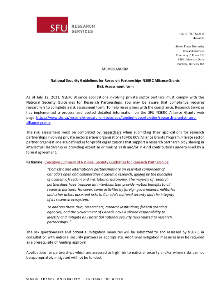 Fillable Online NSERC Alliance Grants Risk Assessment form Fax Email ...
