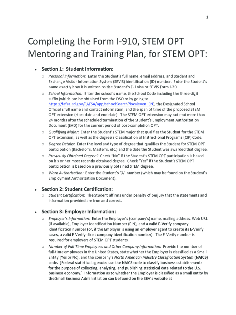 Fillable Online Completing the Form I-910, STEM OPT Mentoring and ...