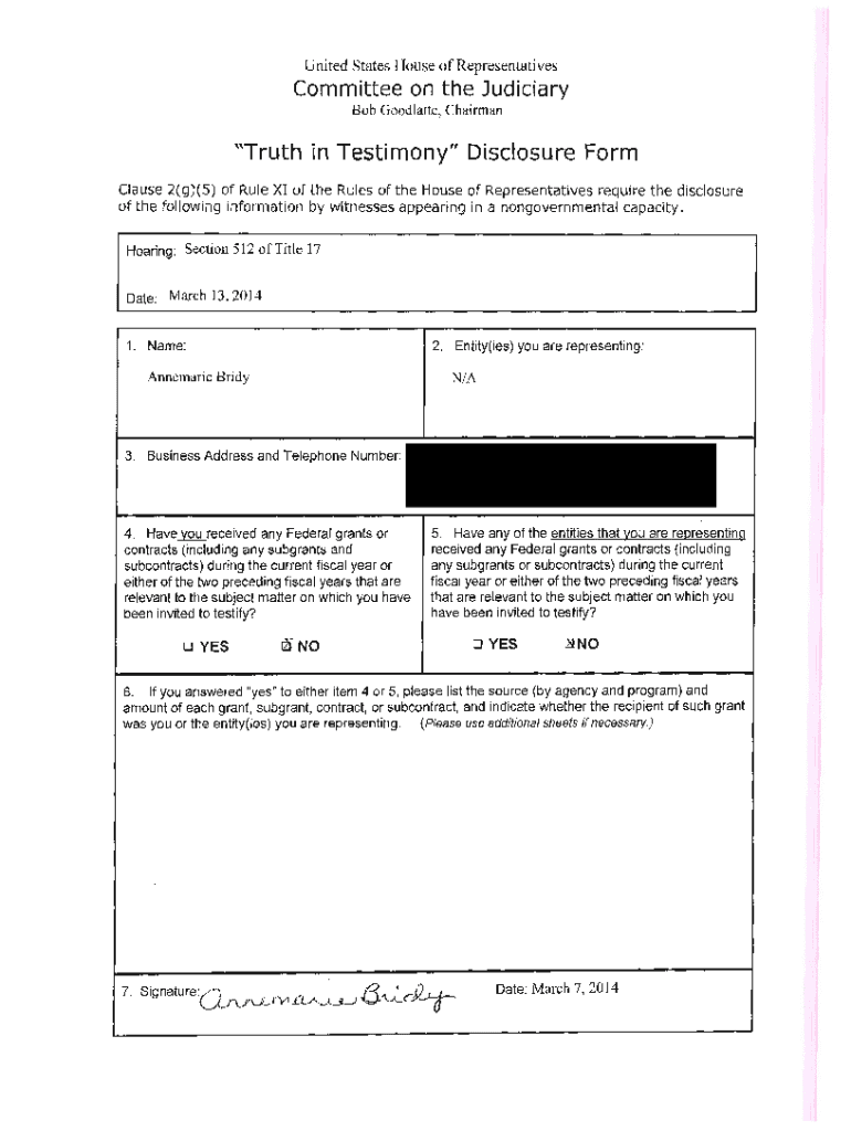 Fillable Online docs house "Truth in Testimony" Disclosure Form Fax ...