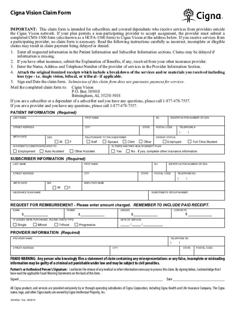 Fillable Online Cigna Vision Claim Form. Cat. No. 803465e - Interactive ...