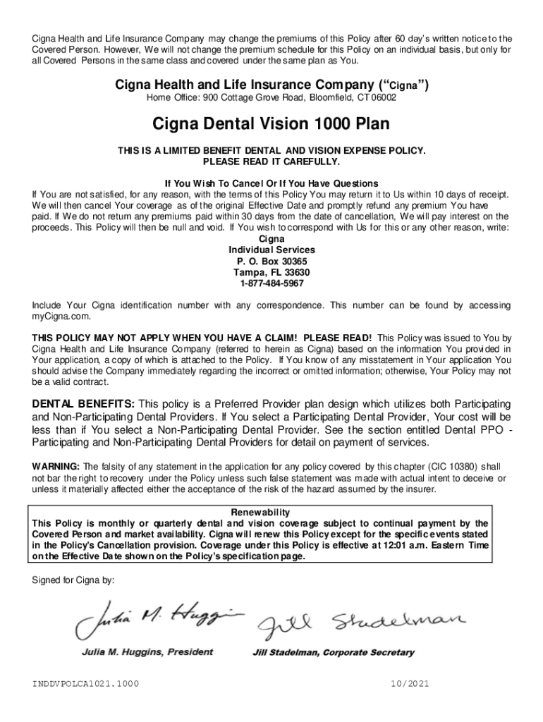 Fillable Online Cigna Dental Vision Hearing 2000 Plan This is a Limited ...