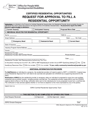 Fillable Online opwdd ny CRO Request for Approval to Fill a Residential ...