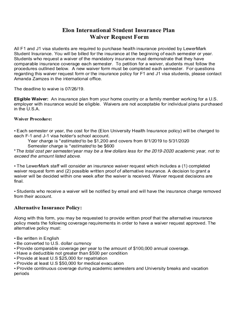 Fillable Online Elon International Student Insurance Plan Waiver ...