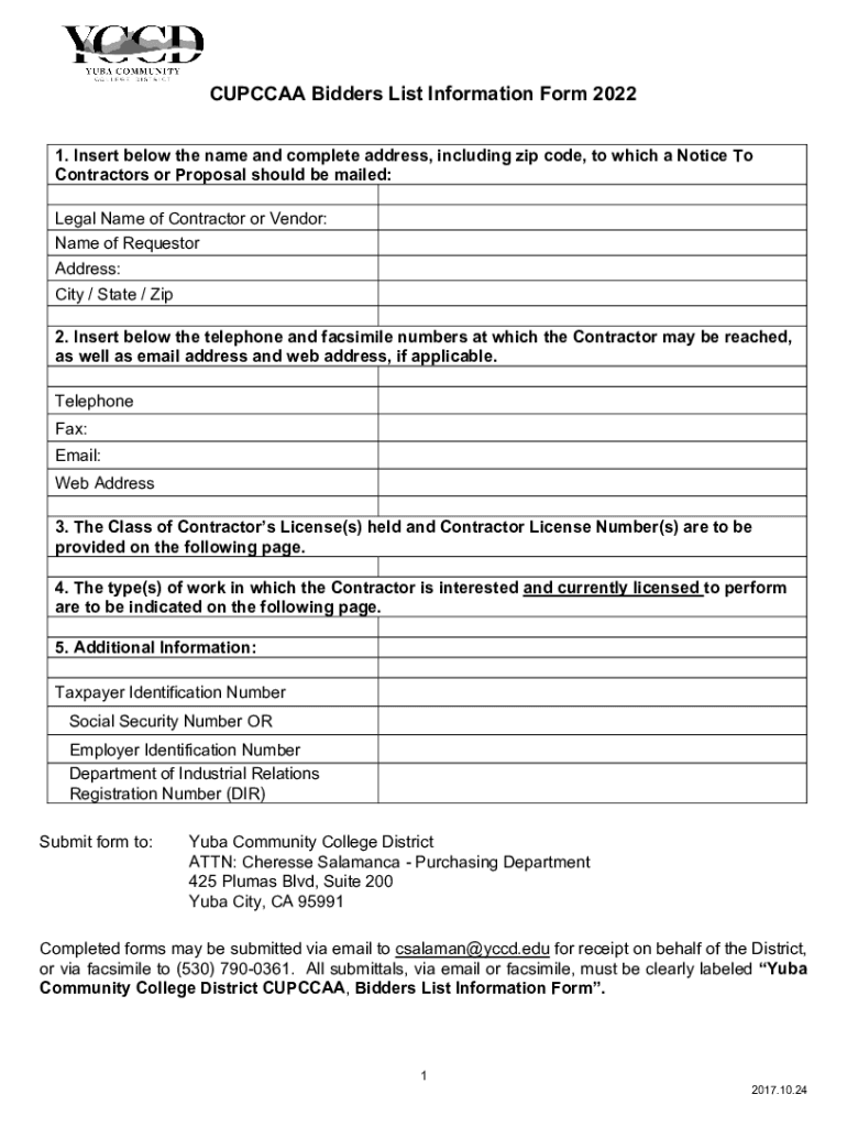 Fillable Online 2022-CUPCCAA-Bidders-Form.pdf - YCCD Fax Email Print ...