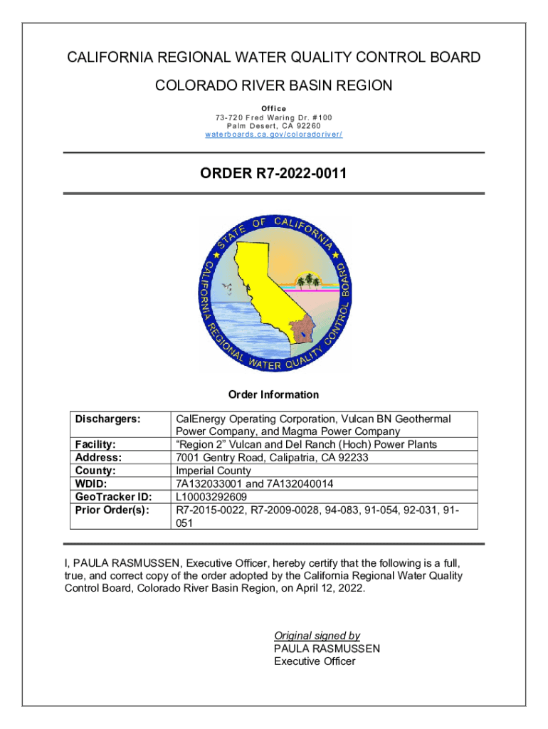 Fillable Online Waste Discharge Requirements R7-2022-0011. Cal Energy ...